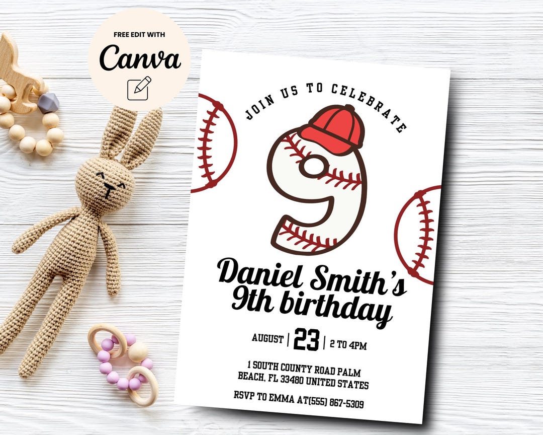 Baseball 9th Birthday Invitation, Sports Birthday Invitation, 9th ...