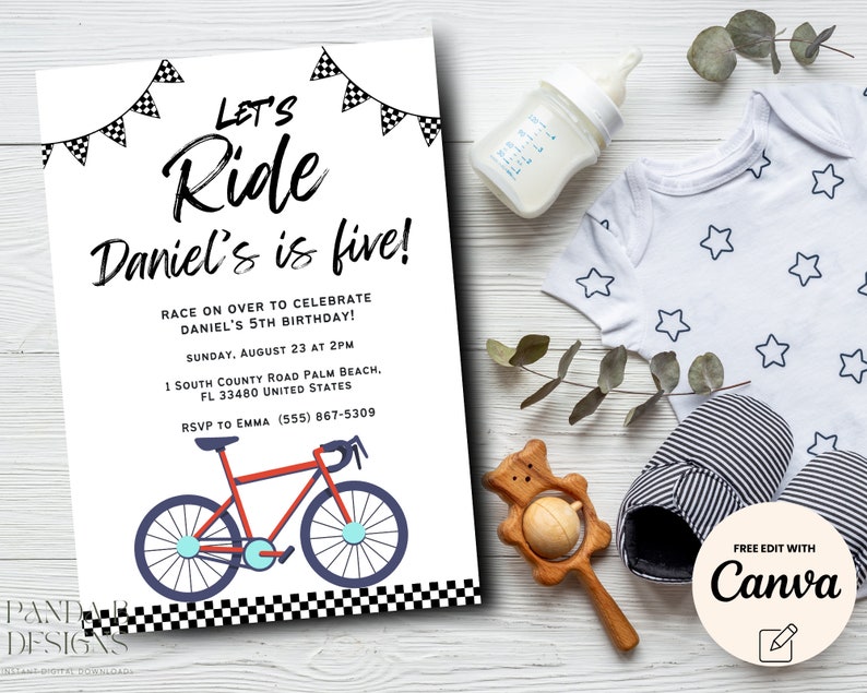 Bicycle Birthday Invitation Template, Editable Bike Let's Ride Birthday ...