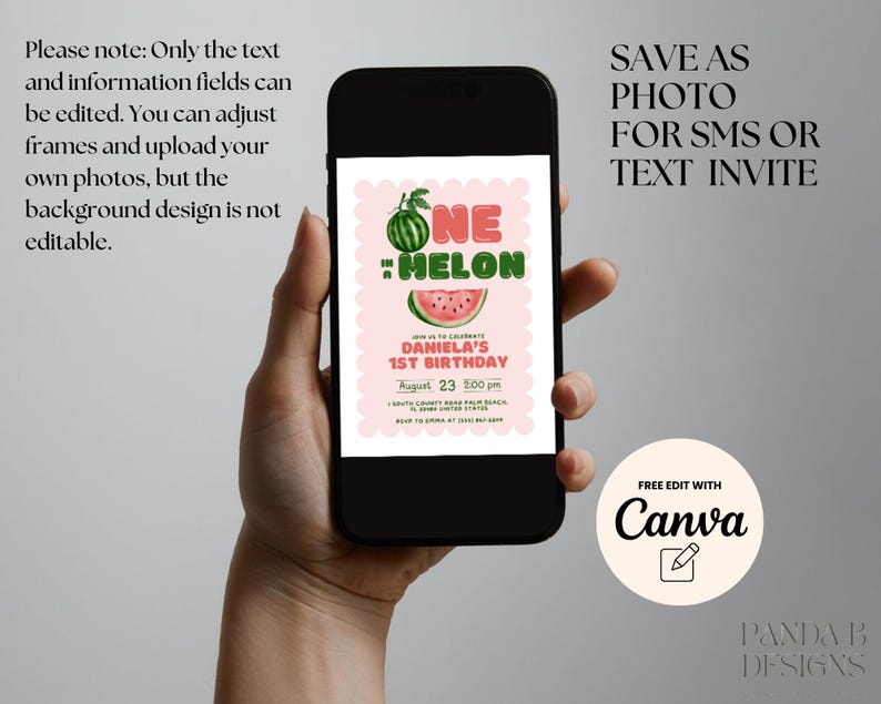 Editable Watermelon One in A Melon First 1st Birthday Party Invitation ...