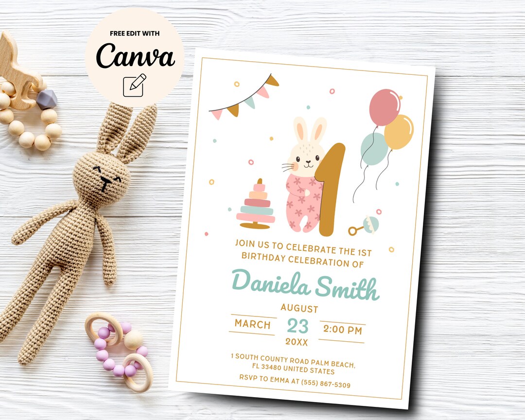 Bunny 1st Birthday Party Invitation, Bunny Party Invite Printable ...