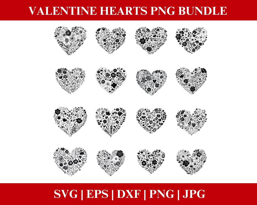 Hearts Valentines Day PNG Bundle, Floral Hearts PNG SVG Clipart ...