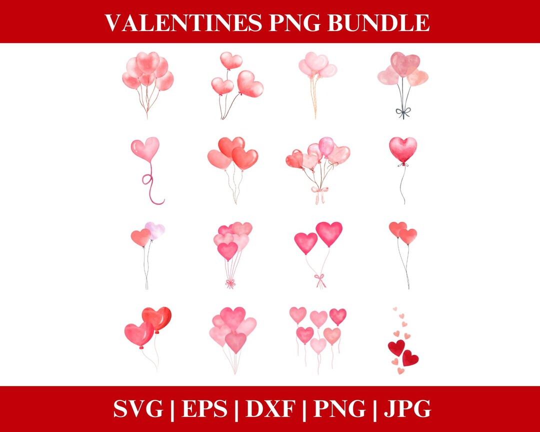 Heart Balloons Valentines Day PNG Bundle, Valentines Heart Balloon PNG ...