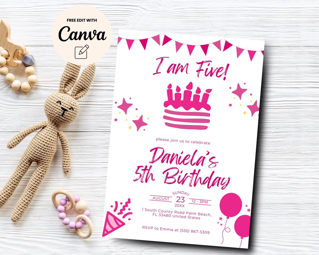 Editable Pink 5th Birthday Invitation Girl, Pink Birthday 5th Birthday ...