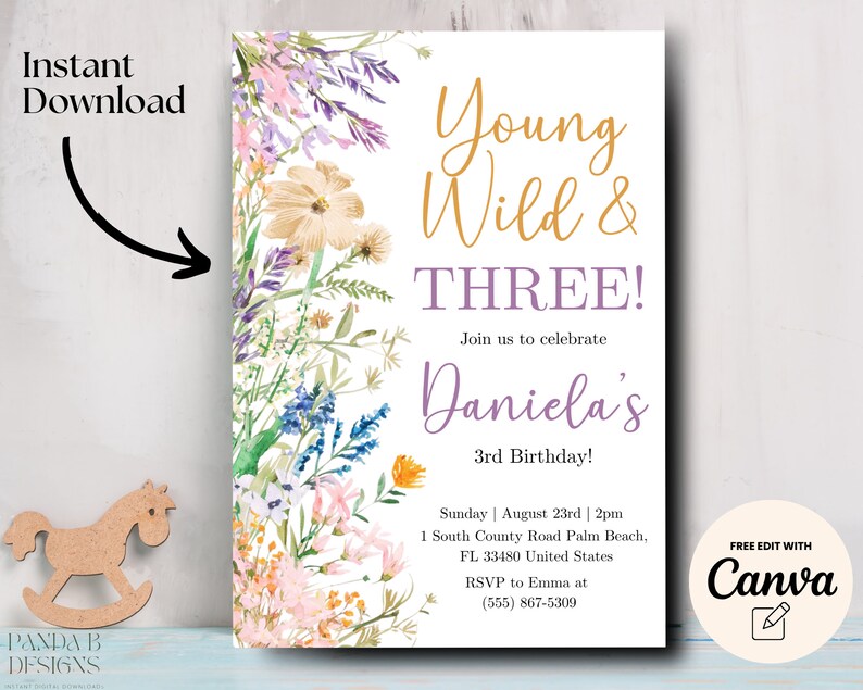 Wildflower Birthday Invitation Template, 3rd Birthday Invitation Girl ...