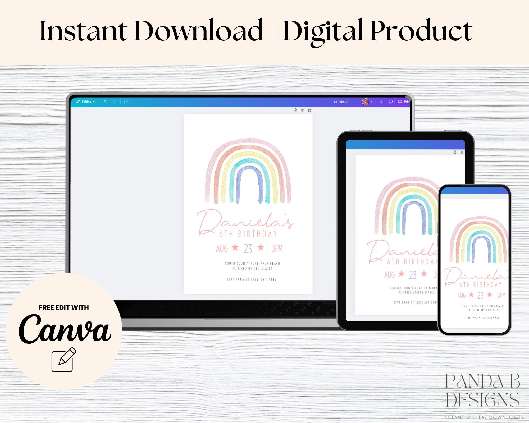 Rainbow 6th Birthday Party Invitation Template, Editable Colorful Party ...