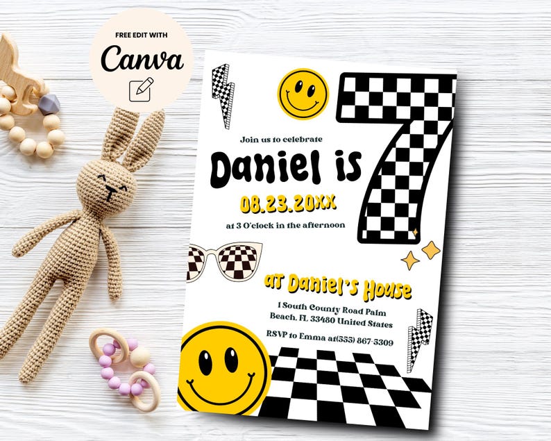 Smiley Face 7th Birthday Invite Printable, Retro Checkered 7th Birthday ...