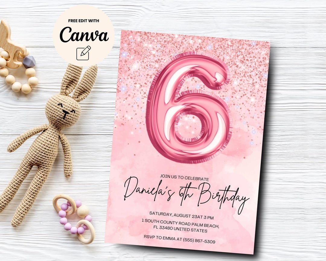 Pink 6th Birthday Invitation, 6th Birthday, Glitter Birthday Party ...
