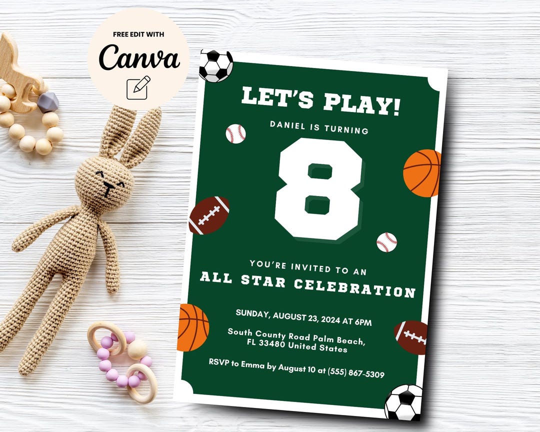 All Star 8th Birthday Invitation Editable Template, Sports Birthday ...
