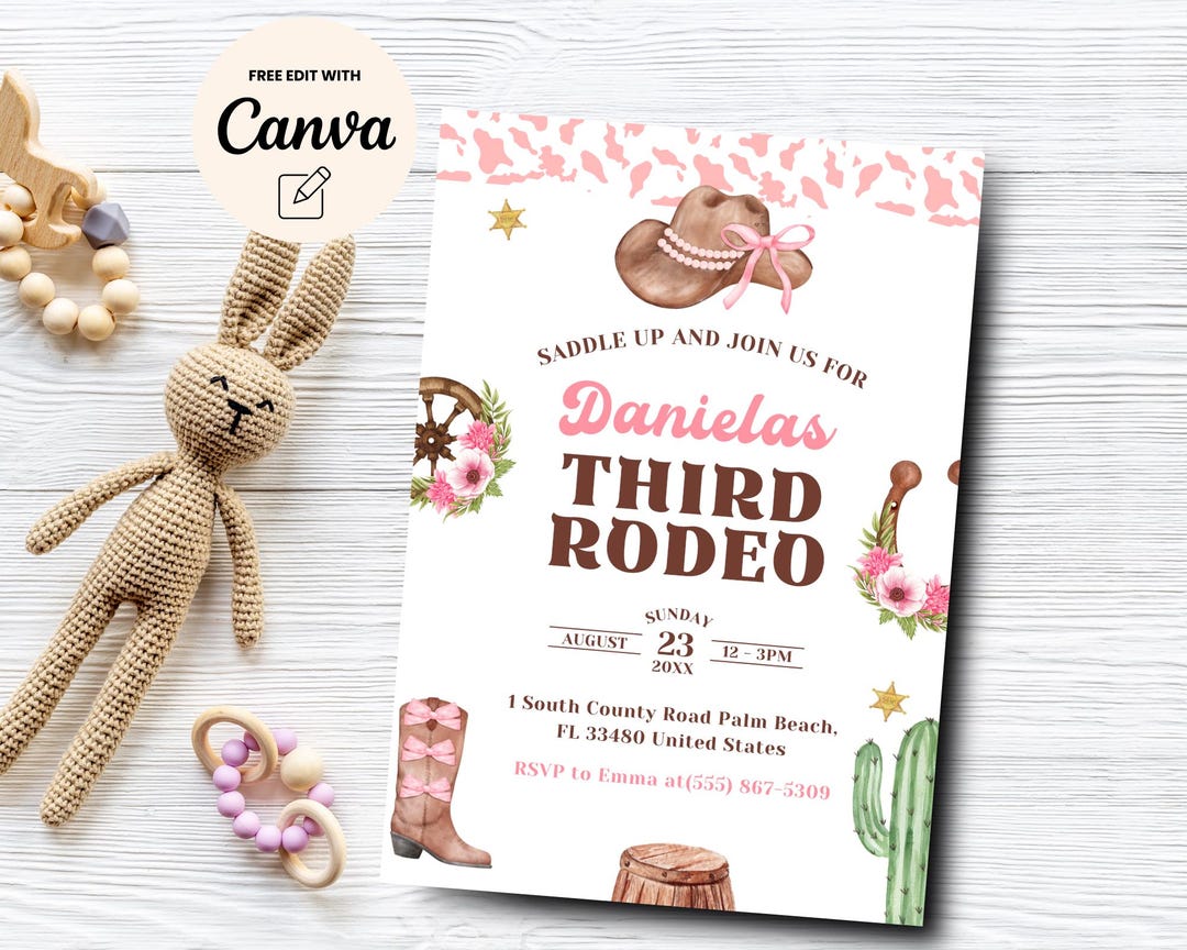 Girl 3rd Rodeo Birthday Party Invitation, Pink Rodeo 3rd Birthday ...
