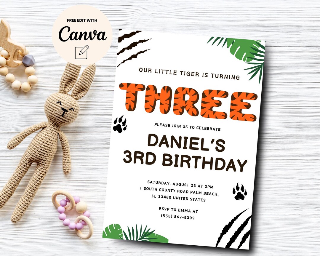 Safari Tiger 3rd Birthday Invitation, Tiger Turning Three Birthday ...
