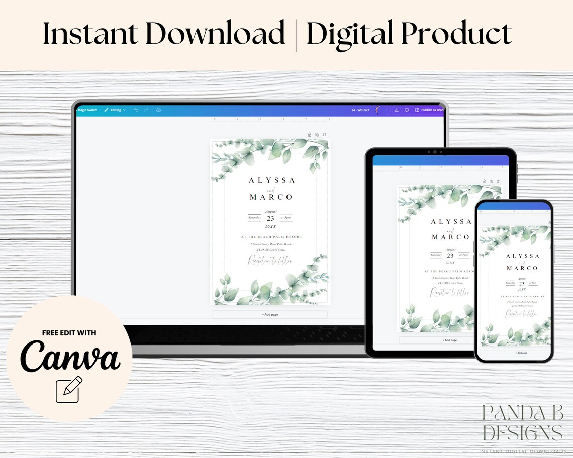 Greenery Wedding Invitation Template, QR Code RSVP, Printable, Canva ...