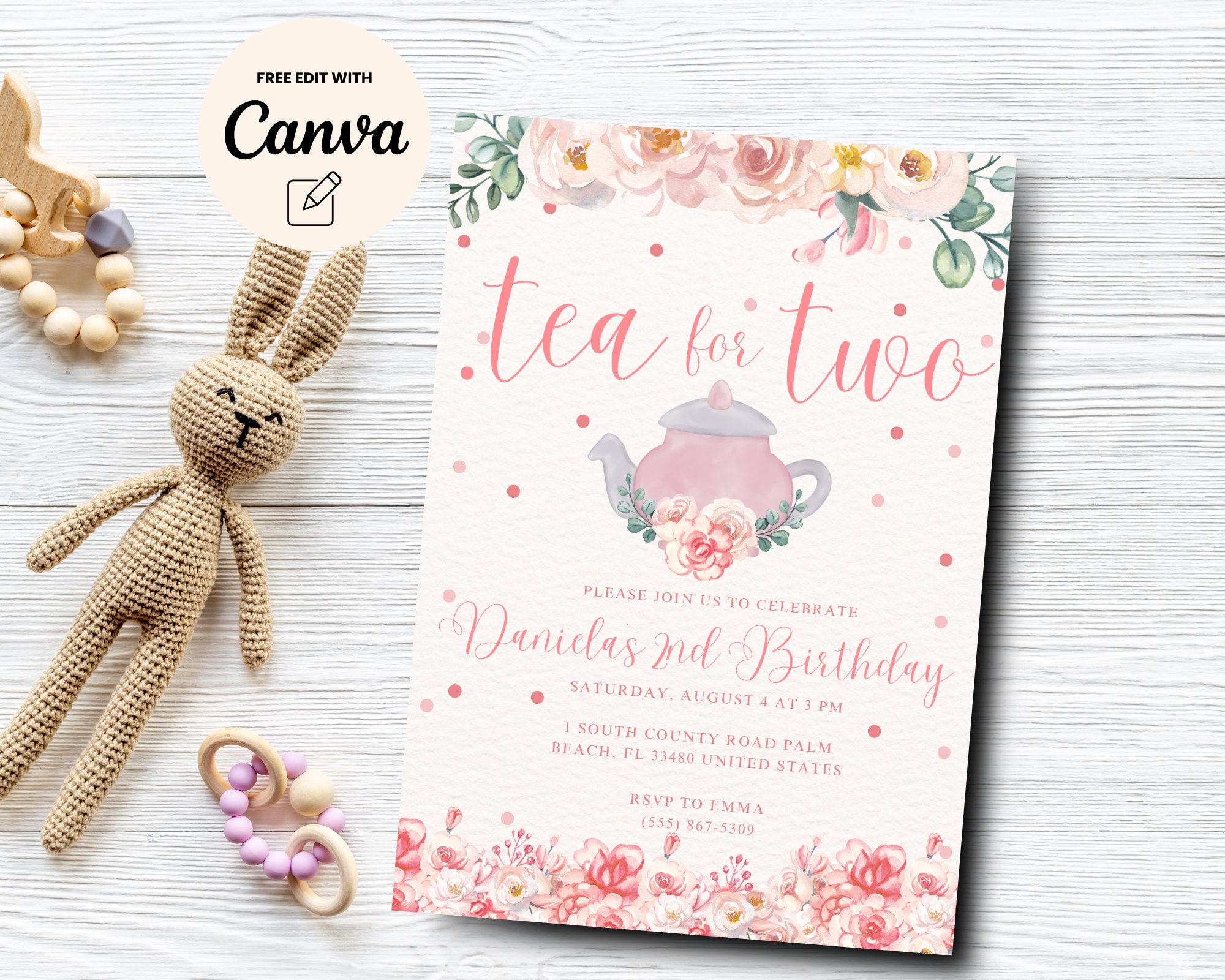 Tea for Two Invitation, 2nd Birthday Invitation, Girl Second Birthday ...