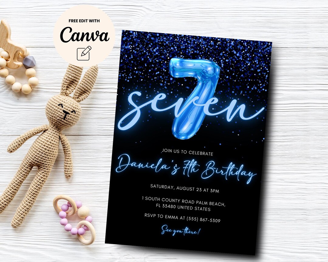 Neon Blue 7th Birthday Invitation, Blue Glitter 7th Birthday Invite ...