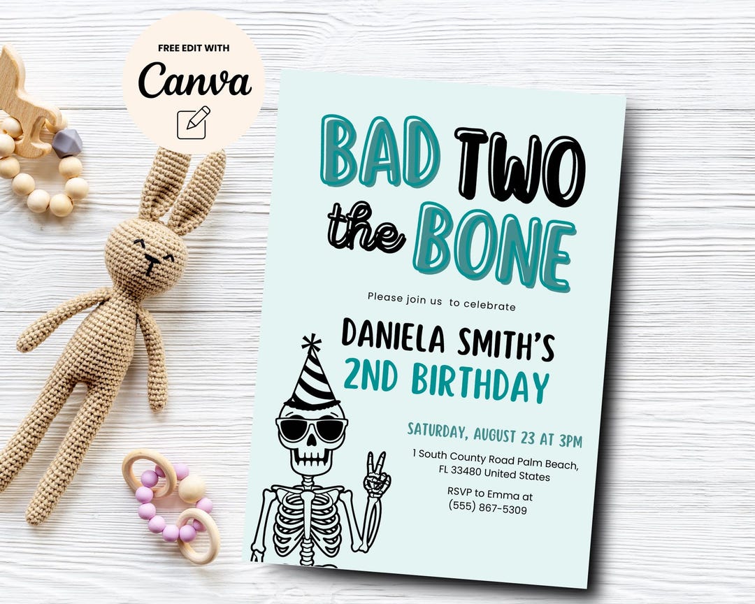 Bad Two the Bone, 2nd Birthday Invitation Text Template, Editable Funny ...