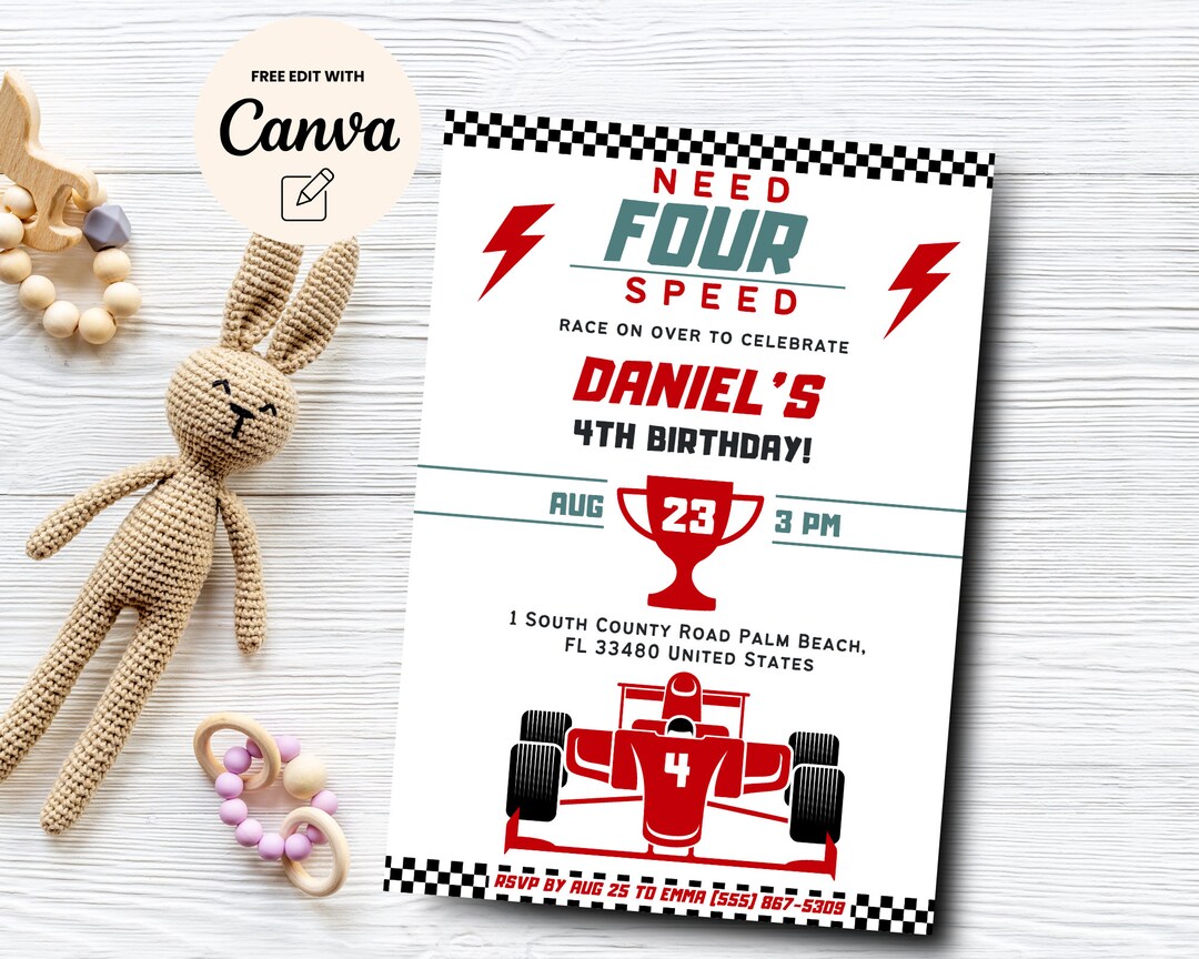 Need Four Speed Invitation, Editable Race Car 4th Birthday Invite ...
