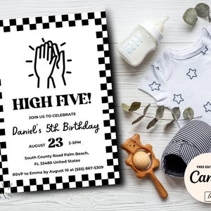 High Five 5th Birthday Party Invitation, Checkered Retro 5th Birthday ...