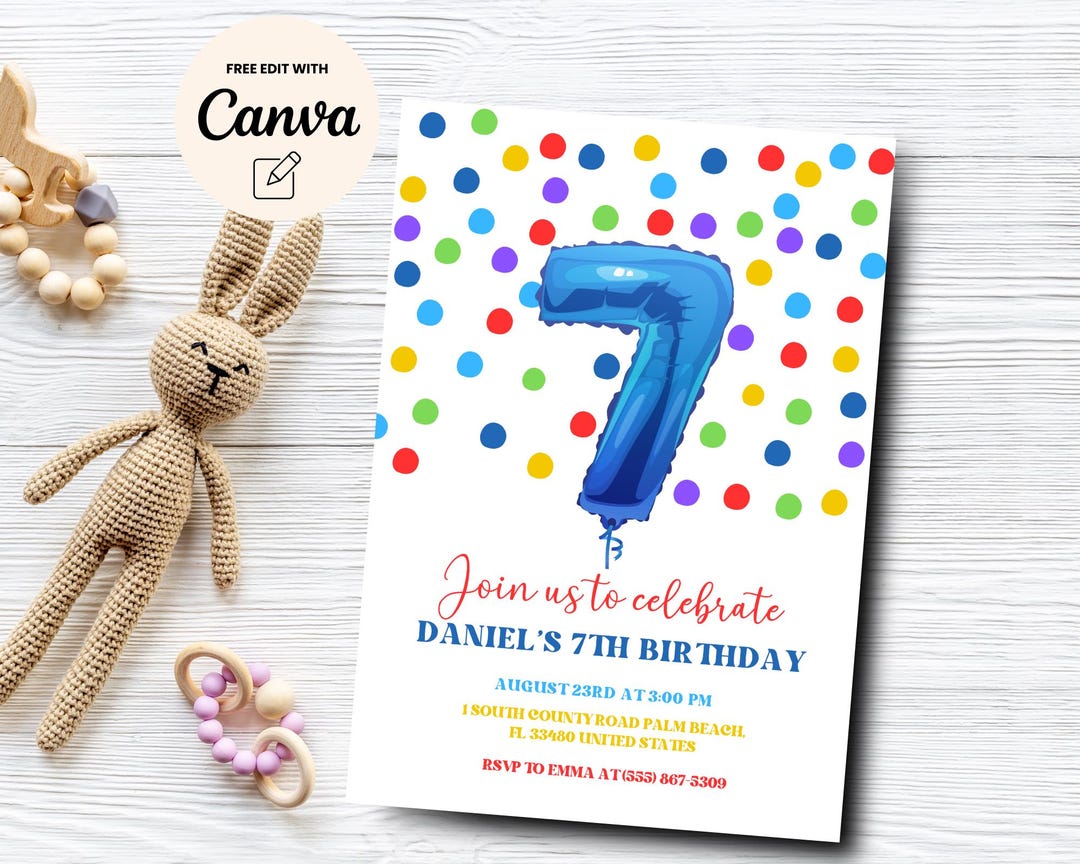 Editable Confetti 7th Birthday Invitation, 7th Birthday Party Invite ...