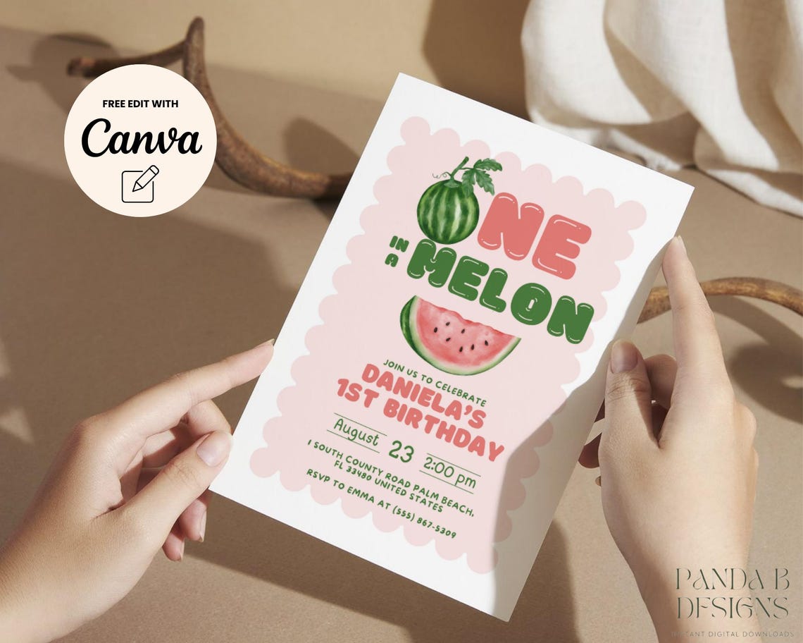 Editable Watermelon One in A Melon First 1st Birthday Party Invitation ...