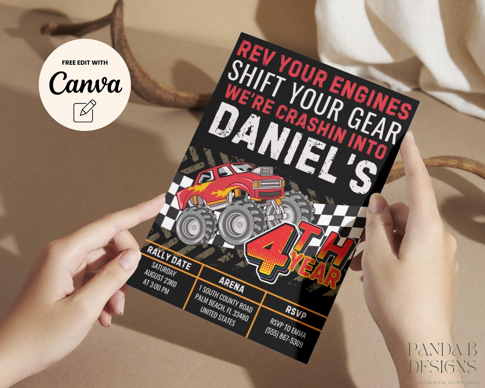 Monster Truck Rally 4th Birthday Invitation, Editable Truck 4th ...