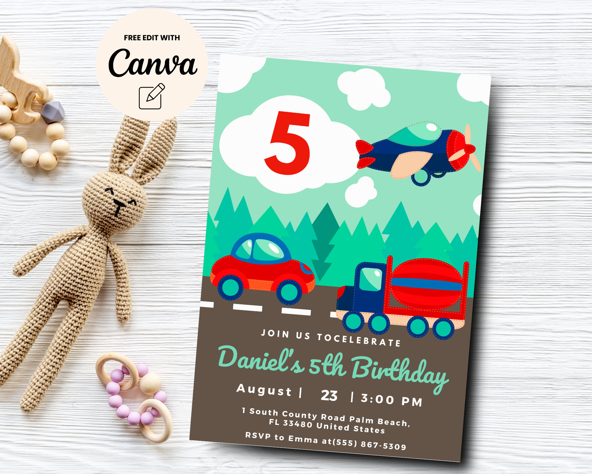 Vehicles 5th Birthday Invitation, Car Birthday Invitation Template, Boy ...