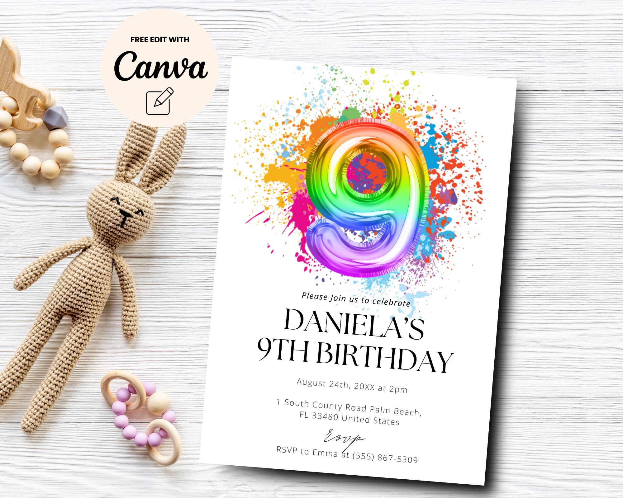 9th Rainbow Paint Splash Printable Birthday Invitation, Colorful ...