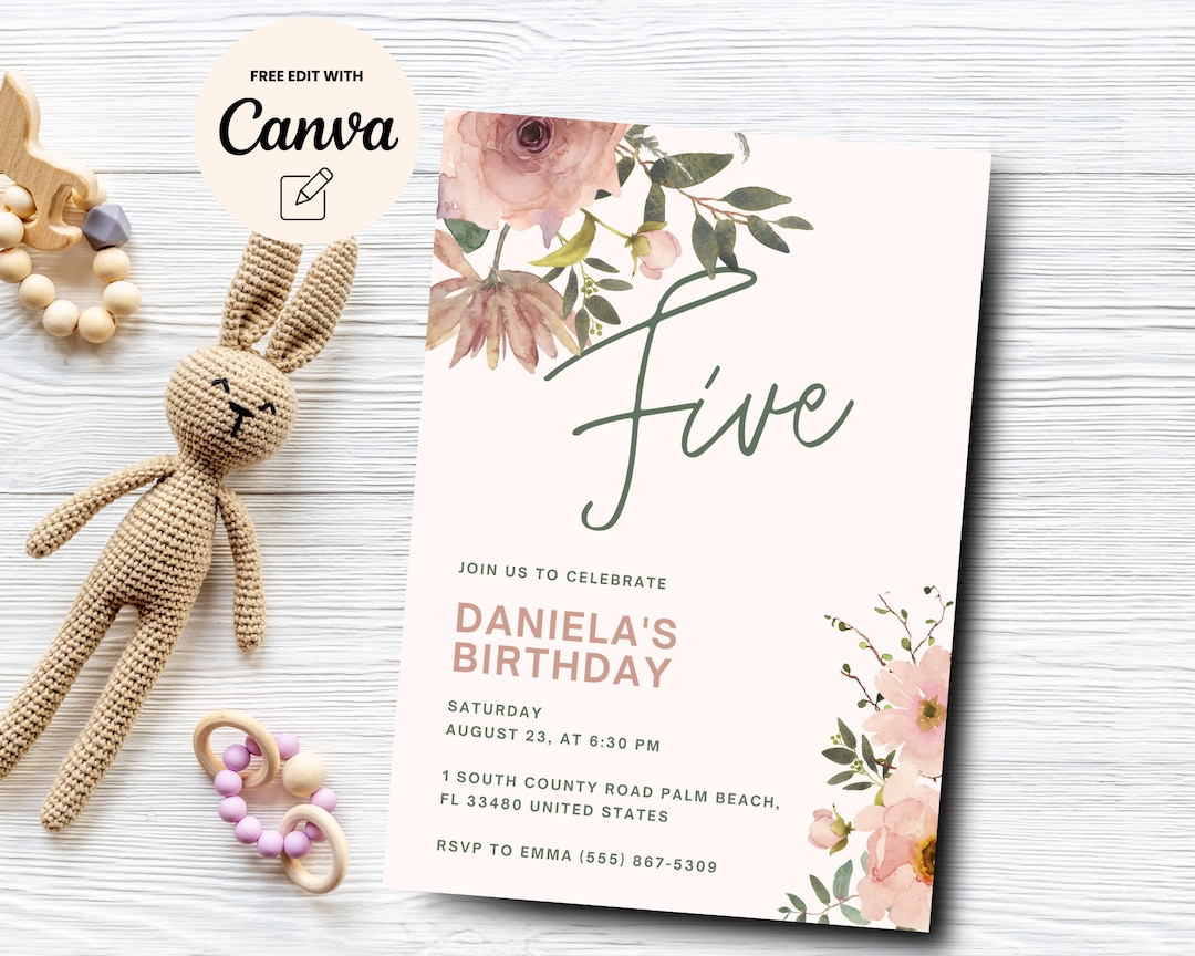 5th Birthday Invitation Girl, Wildflower 5th Birthday Invite, Five ...