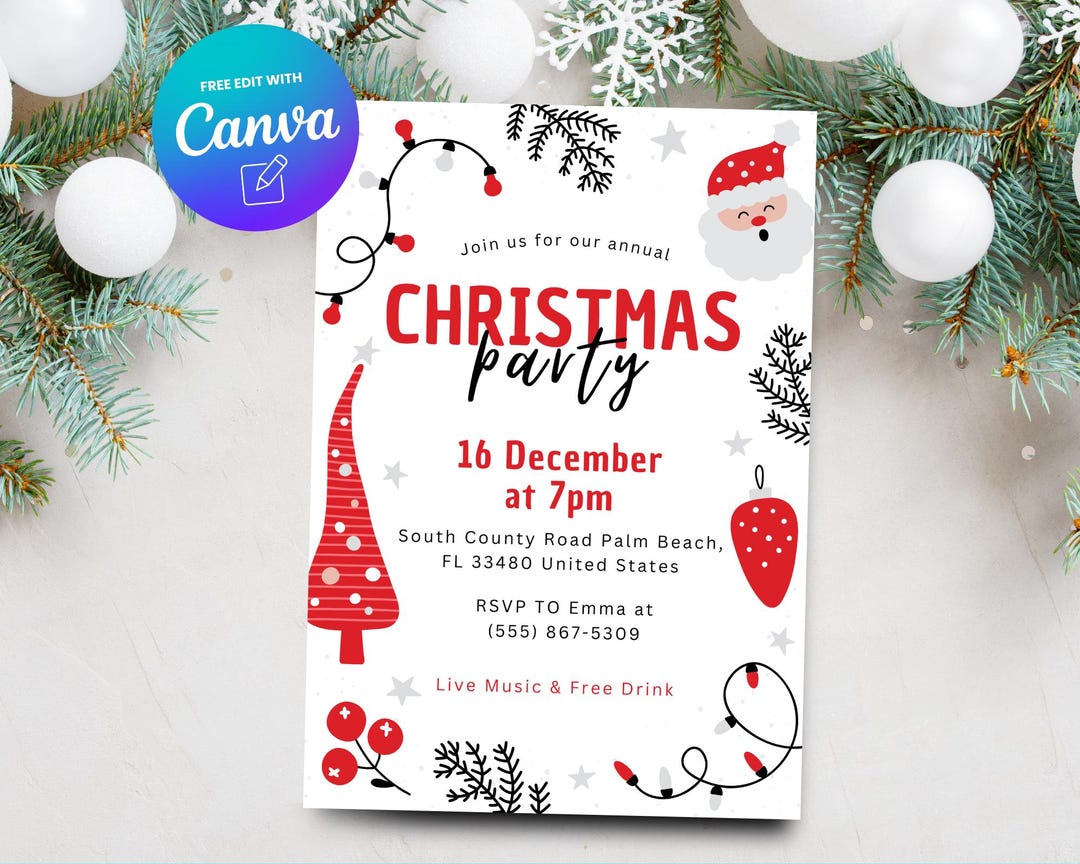 Christmas Party Invitation, Printable Holiday Party Invitation Template ...