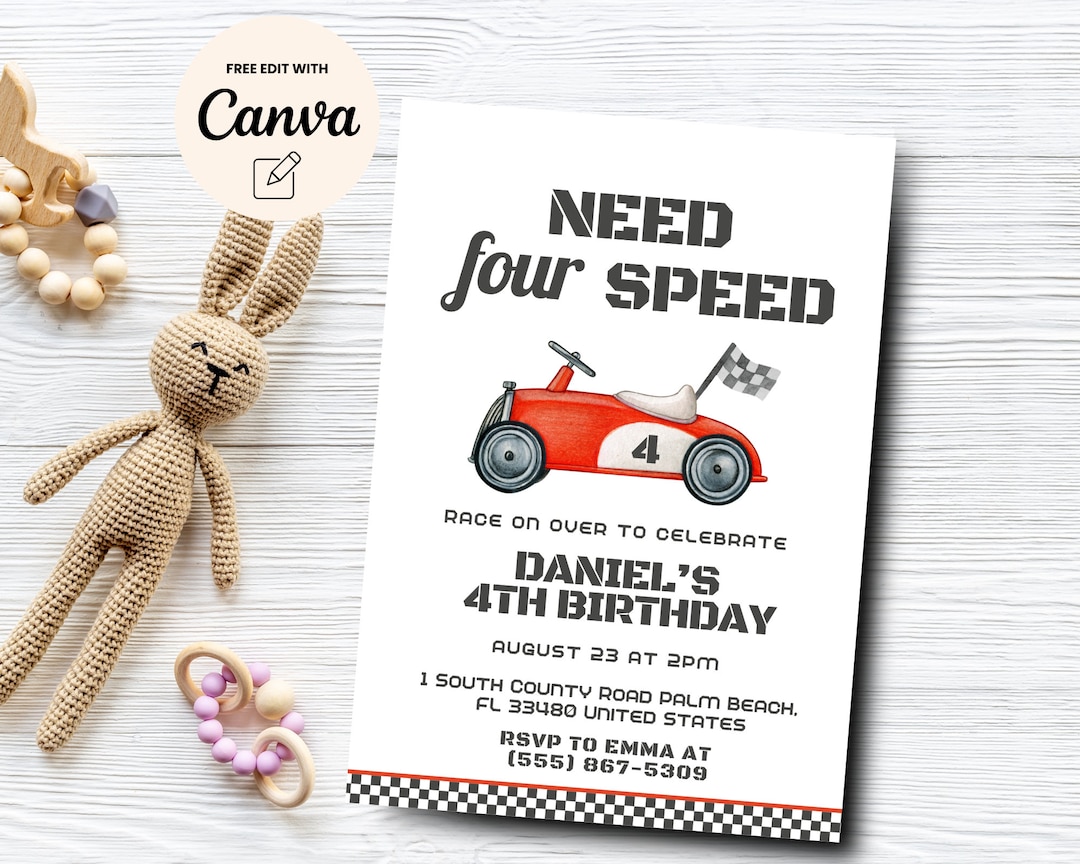 Need Four Speed Invitation, Editable Race Car 4th Birthday Invite ...