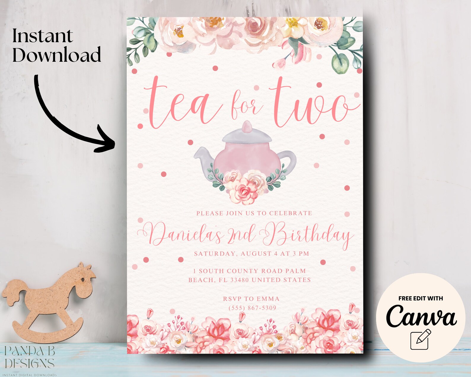 Tea for Two Invitation, 2nd Birthday Invitation, Girl Second Birthday ...
