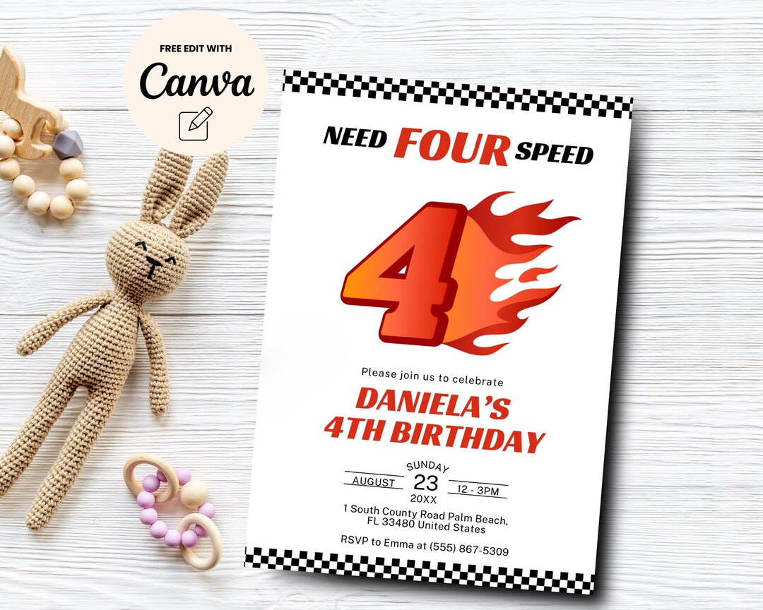 Need Four Speed Invitation, Editable Race Car 4th Birthday Invite ...