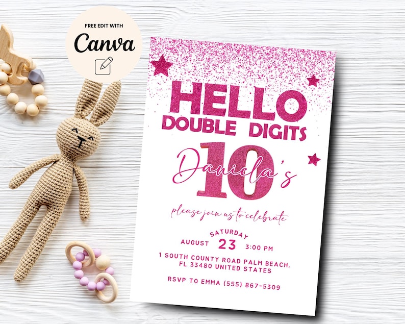 Pink 10th Birthday Invitation, Hello Double Digits 10th Birthday Invite ...
