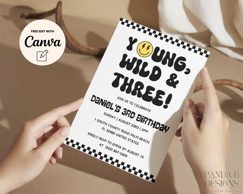 Young Wild and Three Invite, Smile Face Birthday Invite, Boy 3rd ...