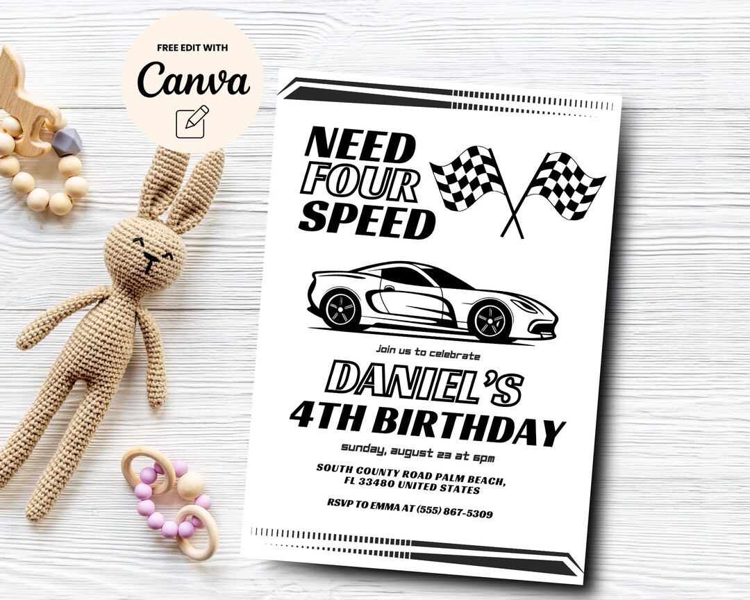 Need Four Speed Invitation, Editable Race Car 4th Birthday Invite ...
