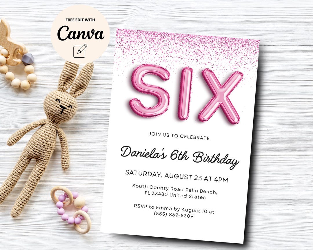 6th Birthday Invitation, Pink SIX Balloon Birthday Invitation, Pink 6th ...