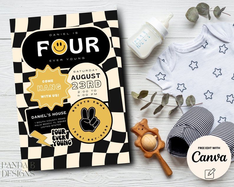 Four Ever Young Birthday Invitation Template, Checkered Smiley ...