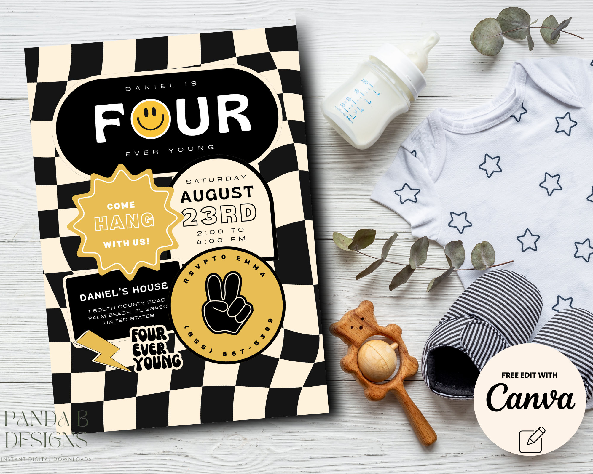 Four Ever Young Birthday Invitation Template, Checkered Smiley ...