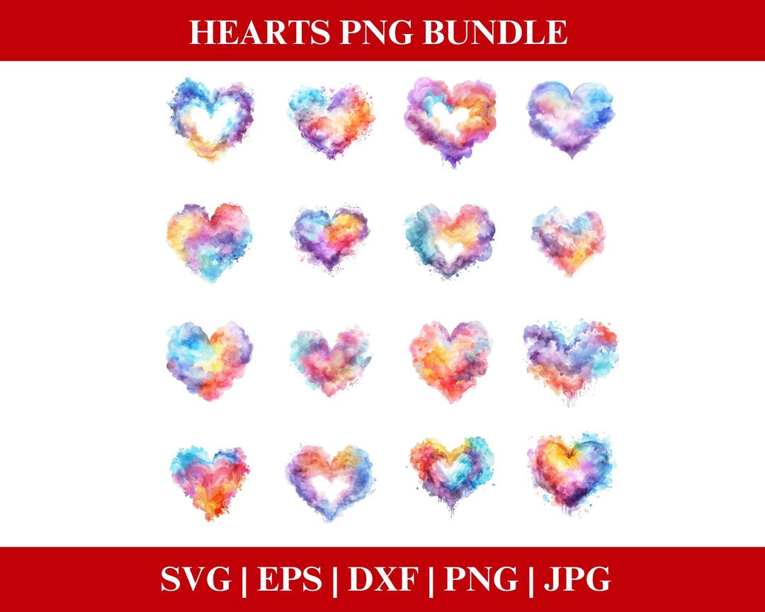 Hearts Valentines Day PNG Bundle, Watercolor Heart PNG SVG Clipart ...