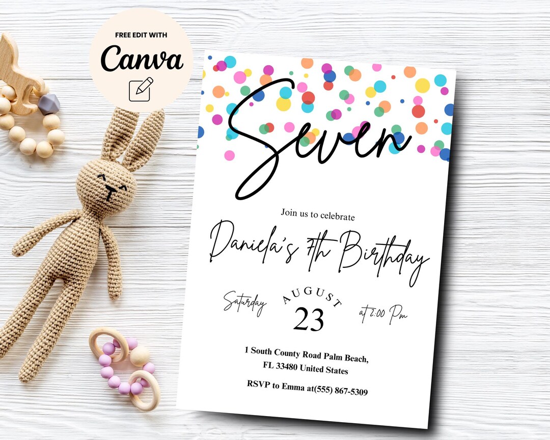 Confetti 7th Birthday Invitation, Editable Rainbow Confetti 7th ...