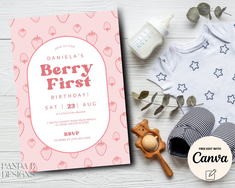 Berry First Birthday Invitation, Strawberry Birthday Invitation, 1st ...