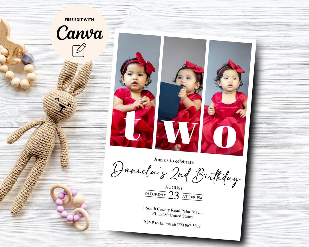 Editable 2nd Birthday Photo Invitation, 2nd Birthday Invite, Minimalist ...