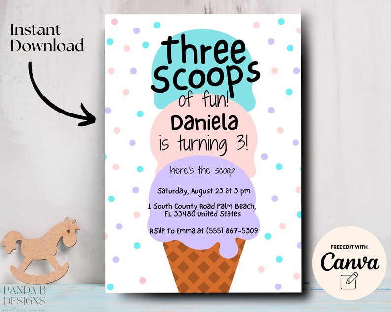Ice Cream Three Scoops of Fun, 3rd Birthday Party Invitation, Ice Cream ...