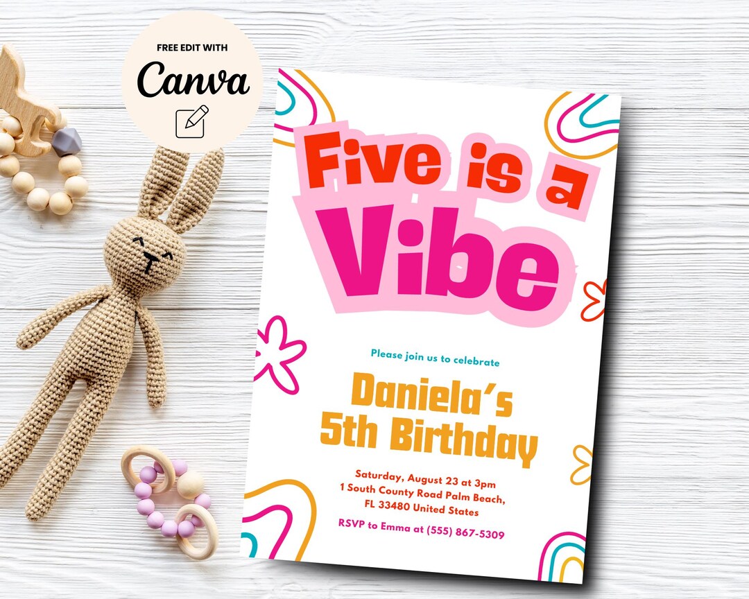 Five is A Vibe 5th Birthday Invite, Rainbow Groovy Invite, Girl 5th ...