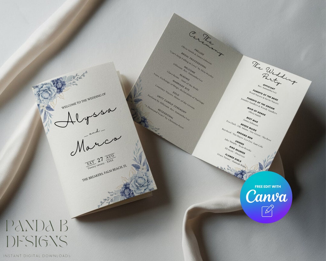 Dusty Blue Wedding Program, Printable Blue Floral Template, Instant ...