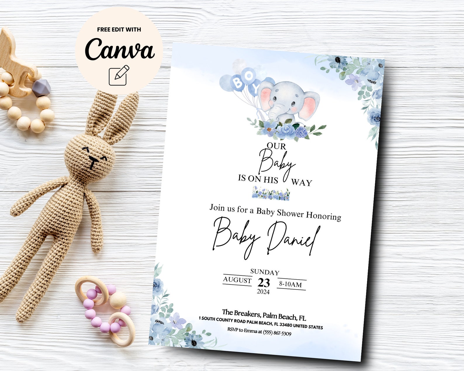 Elephant Baby Shower Theme Invitation, Instant Download, Canva Editable ...