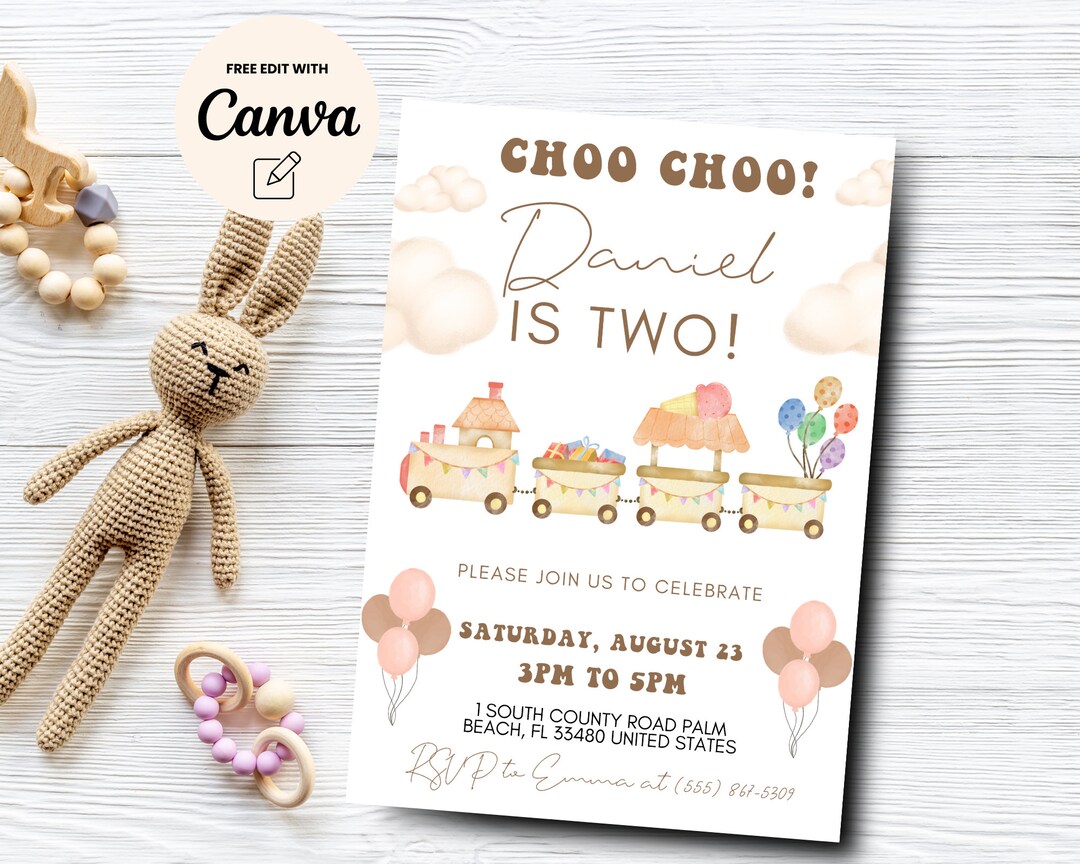 Choo Choo Two Train Birthday Invitation, Editable 2nd Birthday Canva ...