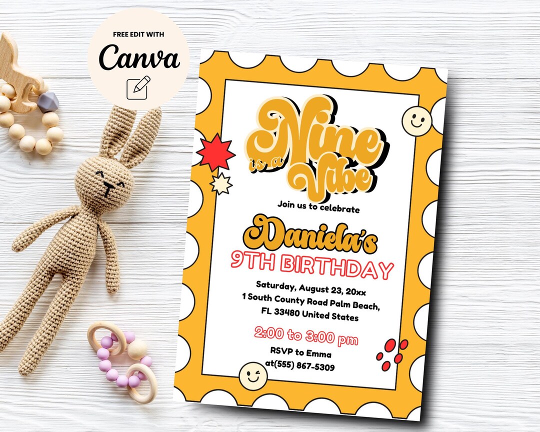 Groovy Nine is a Vibe 9th Birthday Invitation, Girl Groovy 9th Birthday ...