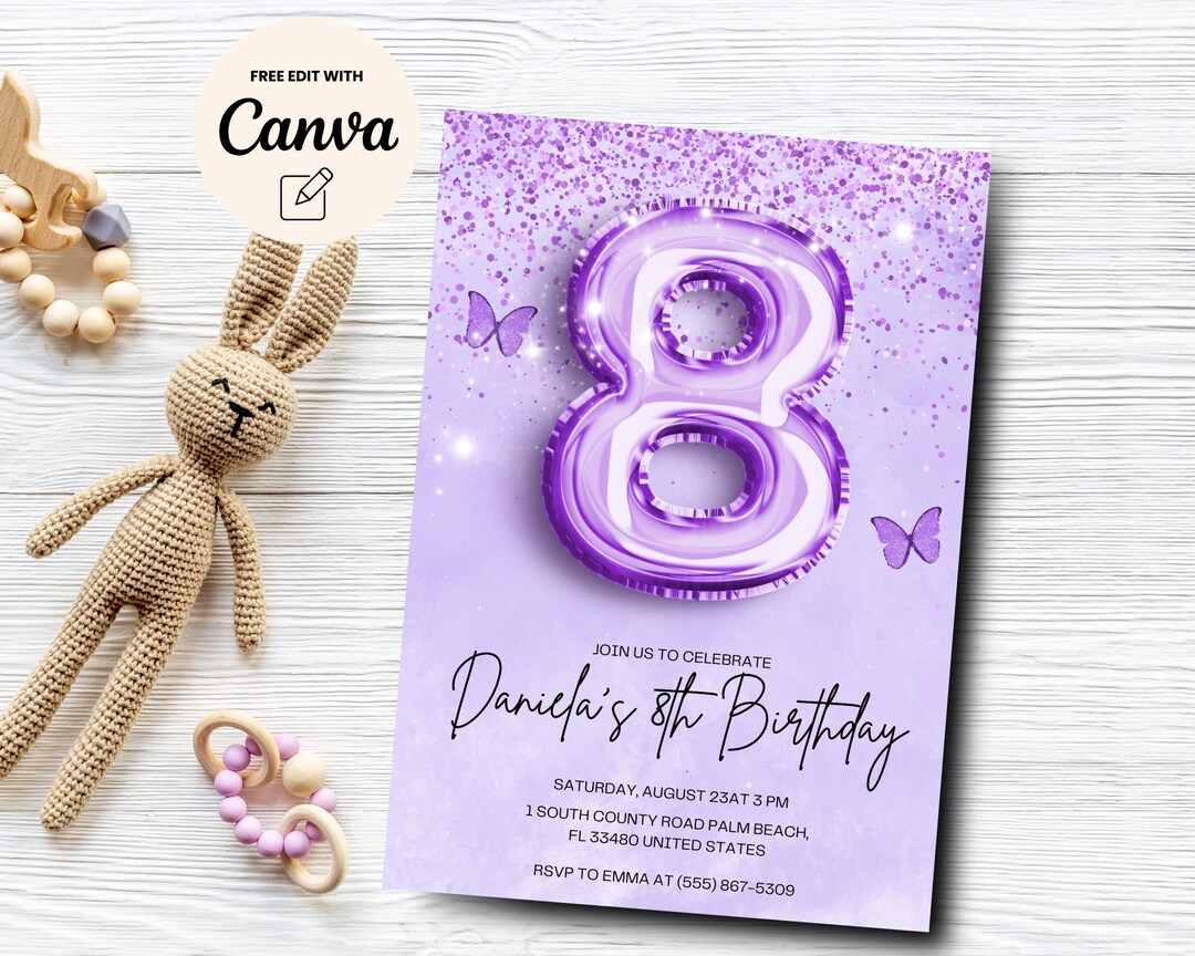 Editable Purple 8th Birthday Invite, Glitter Birthday Party Invite ...