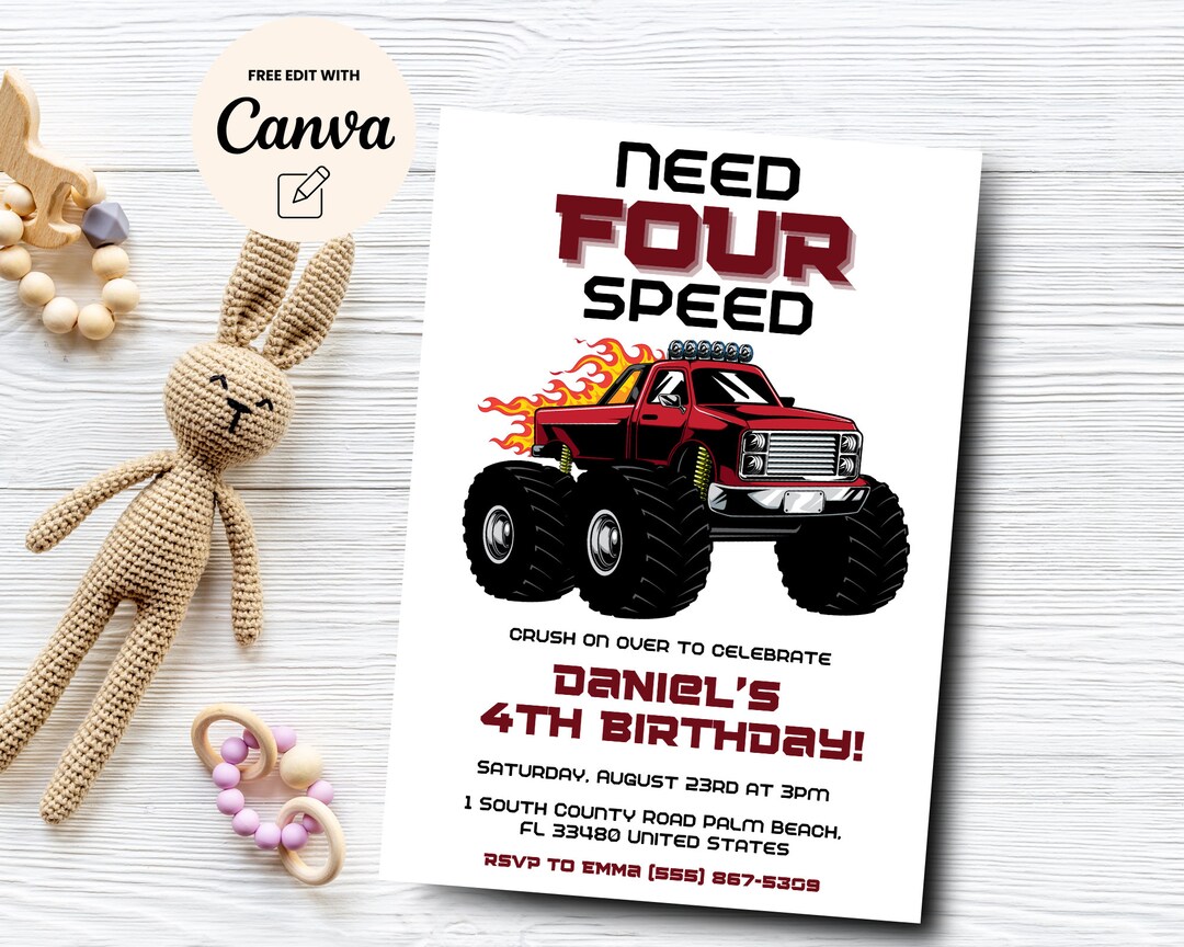 Monster Truck Need Four Speed Invitation, Editable Truck 4th Birthday ...