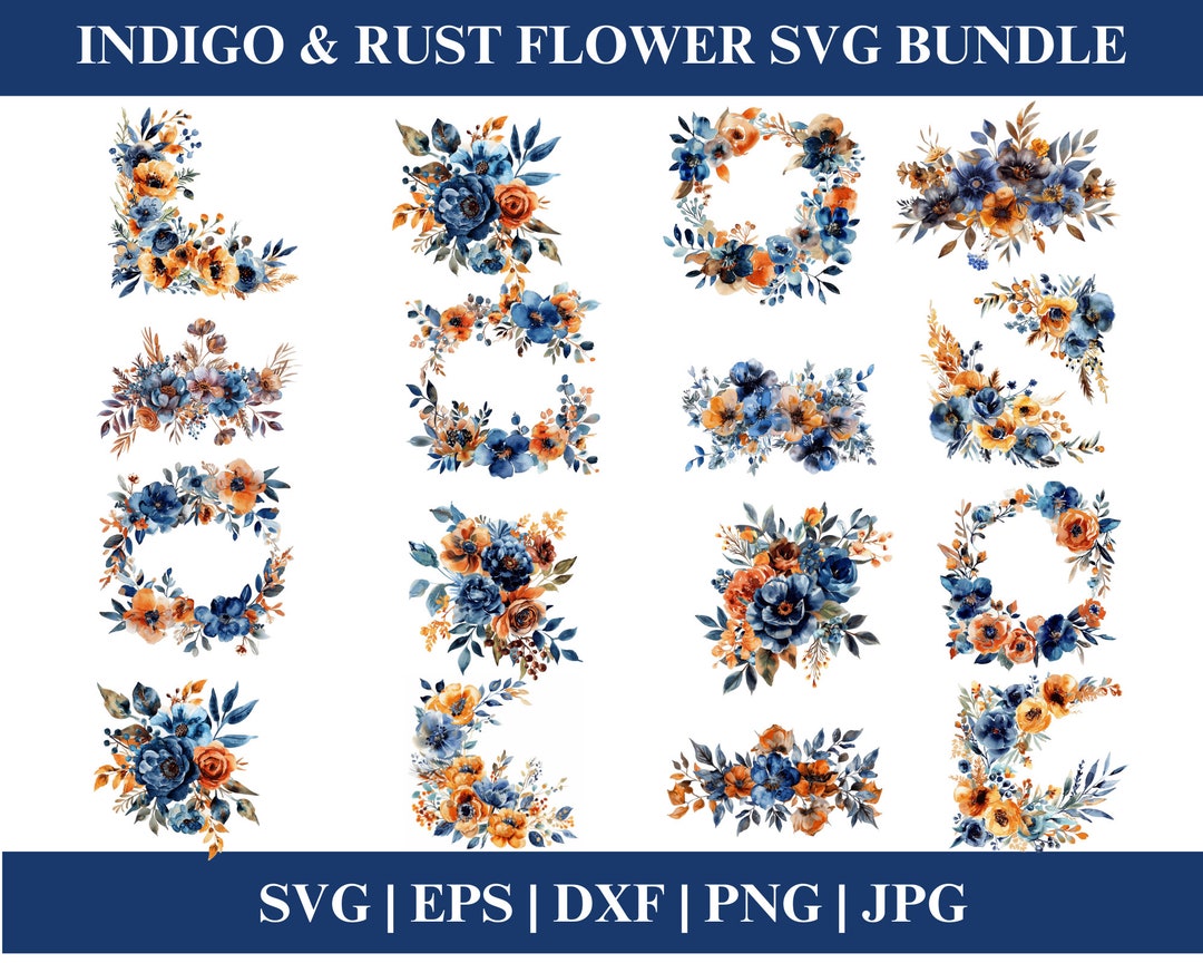 Indigo and Rust Flower Clipart SVG Bundle for Cricut, Watercolor ...