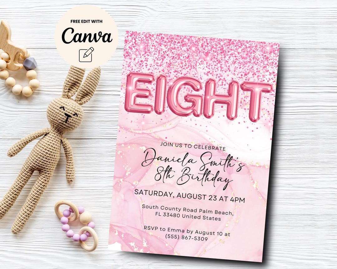 Editable Pink 8th Birthday Invitation, 8th Birthday, Glitter Birthday ...